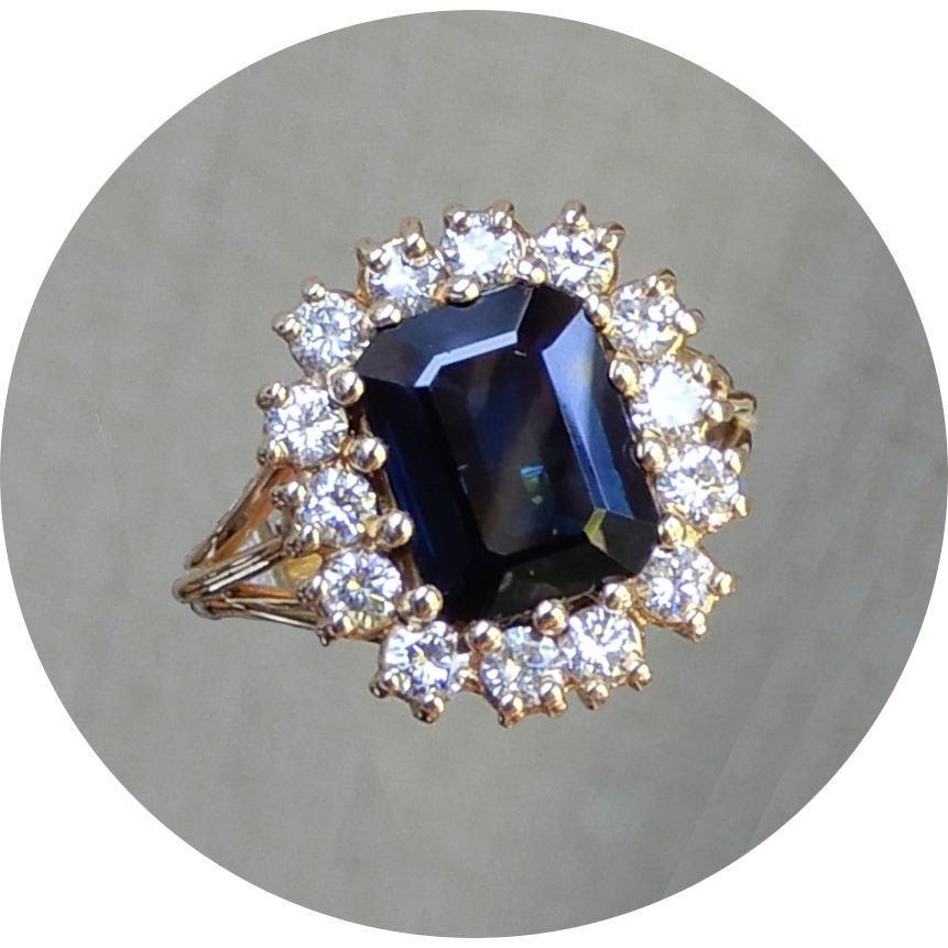 Ring, Saffier, Entourage, Diamant, 14K — De Gouden Eeuw