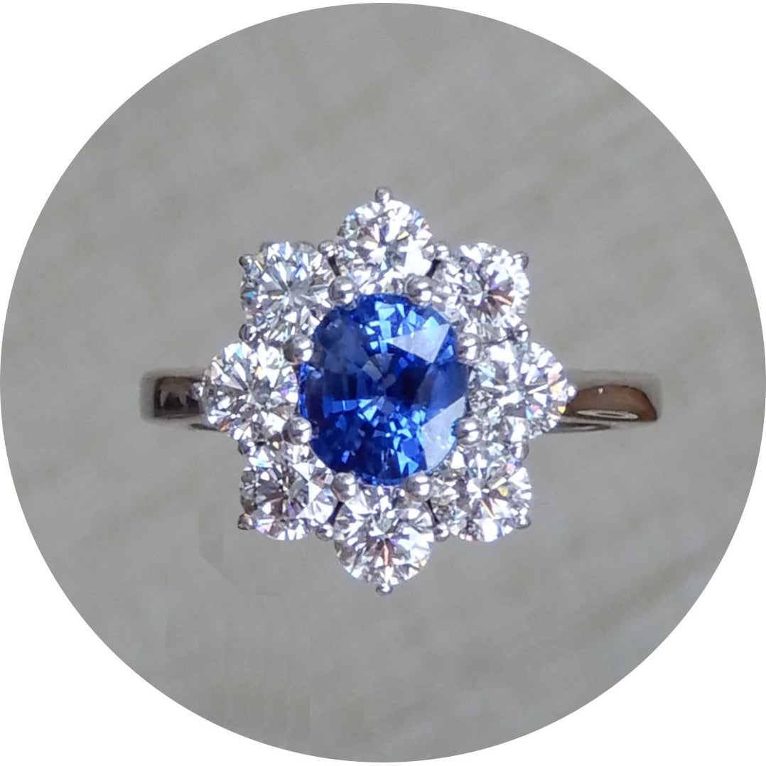 Ring, Saffier, Ceylon, Diamant, 18K — De Gouden Eeuw